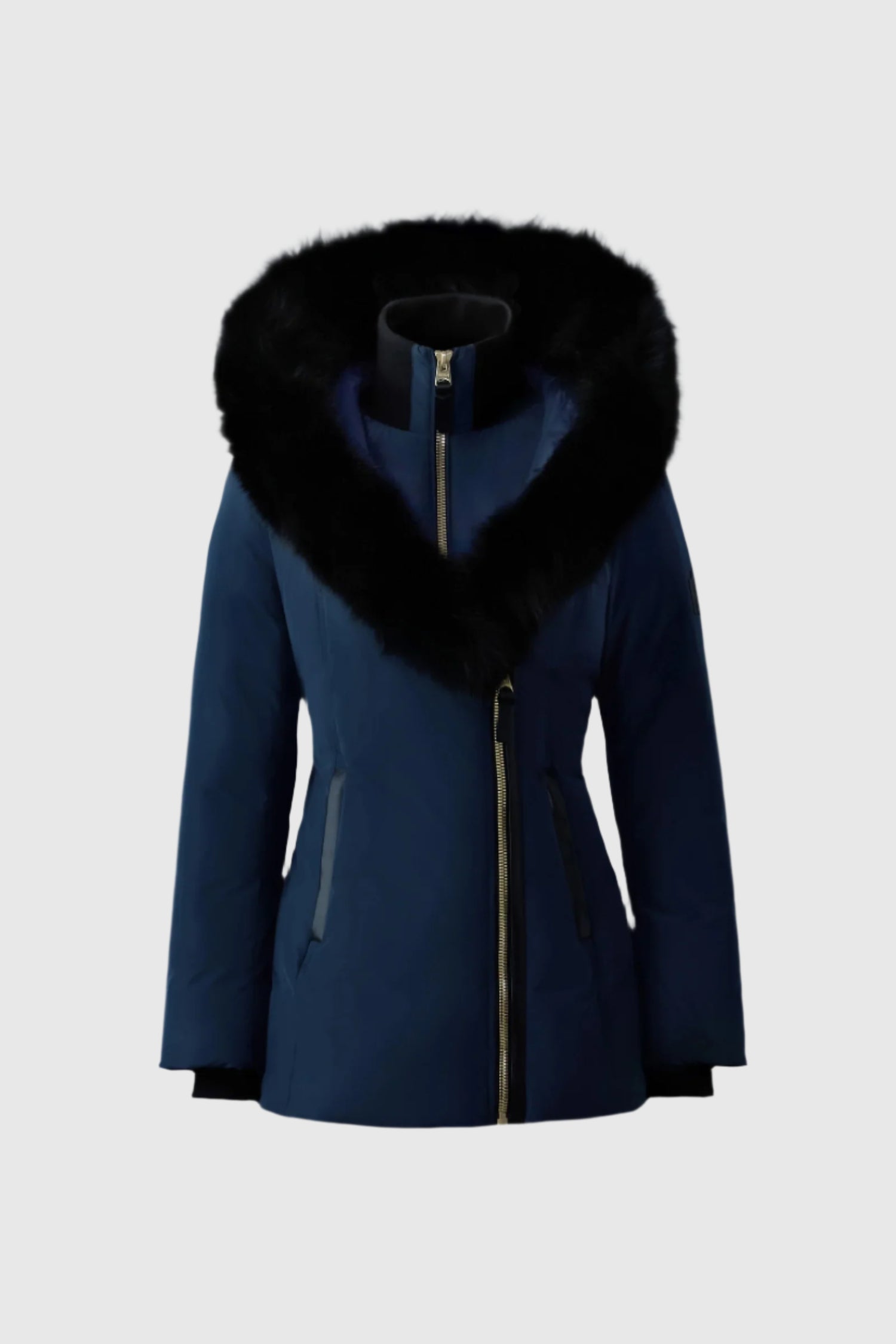 Adali, Down coat with blue fox fur Signature Mackage Collar for ladies ...