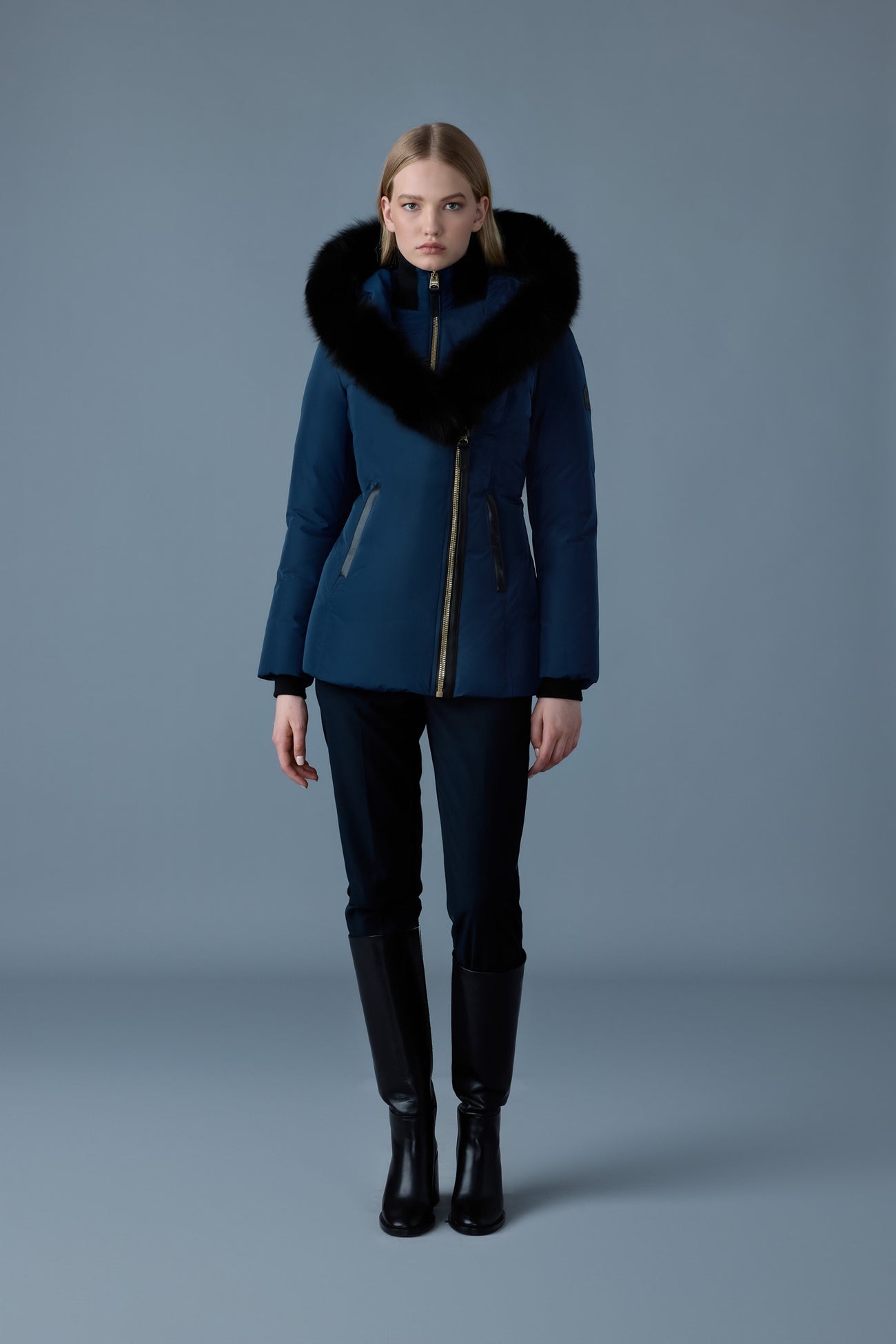 Adali, Down coat with blue fox fur Signature Mackage Collar for ladies ...