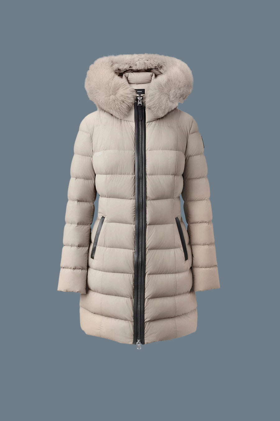 Calla, Agile-360 stretch light down coat with blue fox fur collar for ...