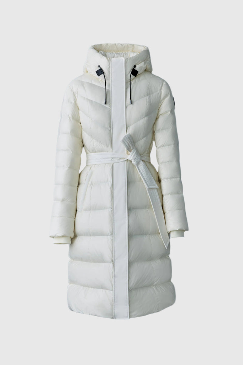 Coralia, Down coat with hood and sash belt for ladies | Mackage® US