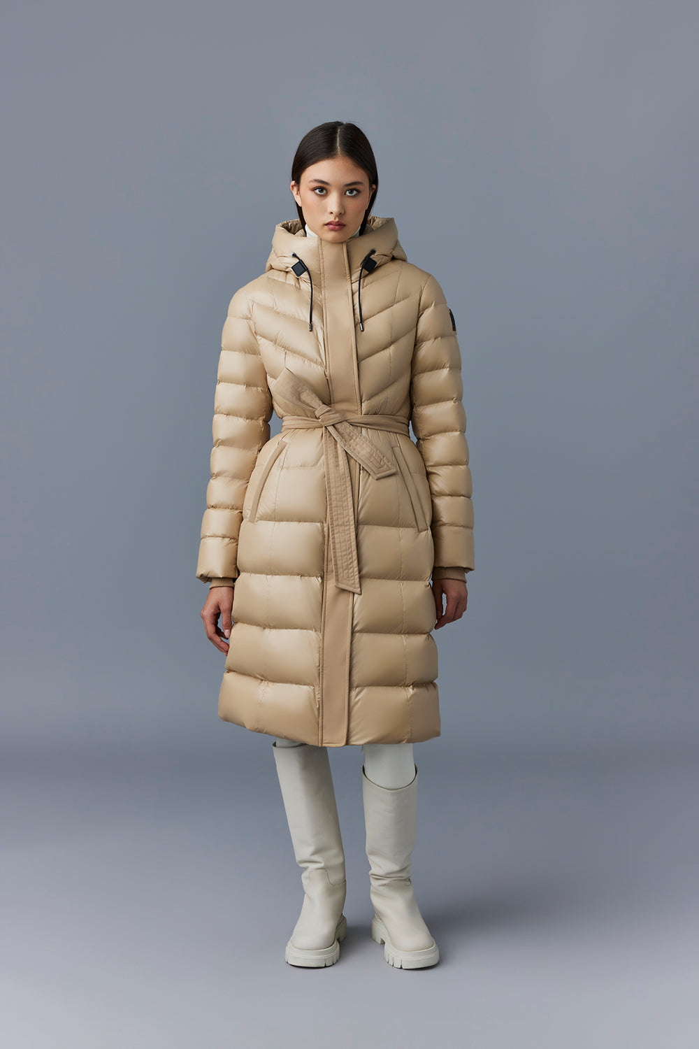 Coralia, Down coat with hood and sash belt for ladies | Mackage® US