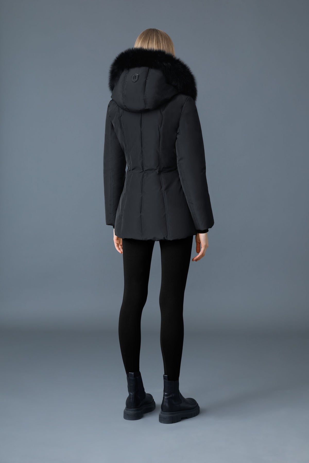 Adali, Down coat with blue fox fur Signature Mackage Collar for ladies ...