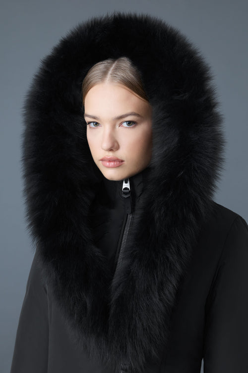 Adali, Down coat with blue fox fur Signature Mackage Collar for ladies ...