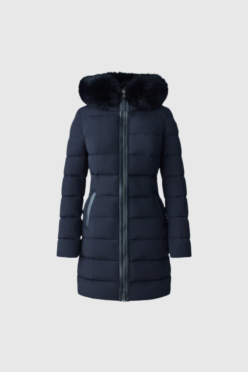 Calla, Agile-360 stretch light down coat with blue fox fur collar for ...