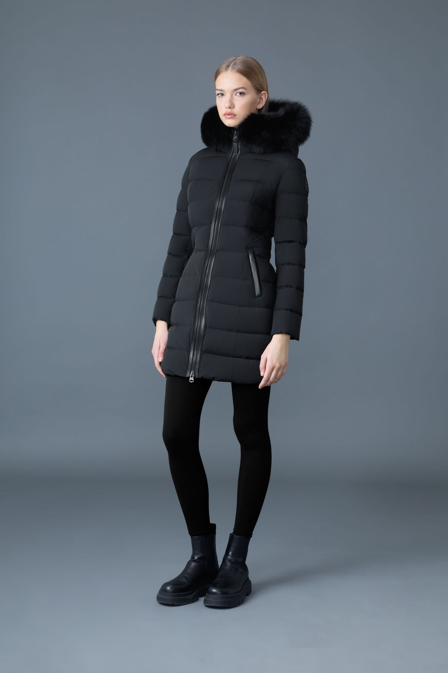 Calla, Agile-360 stretch light down coat with blue fox fur collar for ...