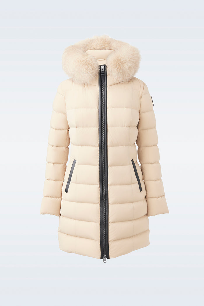 Calla, Agile-360 stretch light down coat with blue fox fur collar for ...