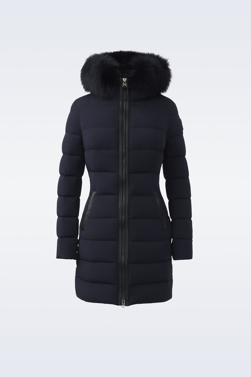 Calla, Agile-360 stretch light down coat with blue fox fur collar for ...