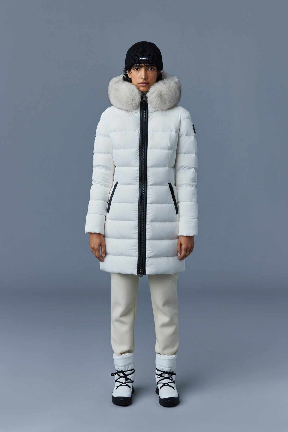 Calla, Agile-360 stretch light down coat with blue fox fur collar for ...
