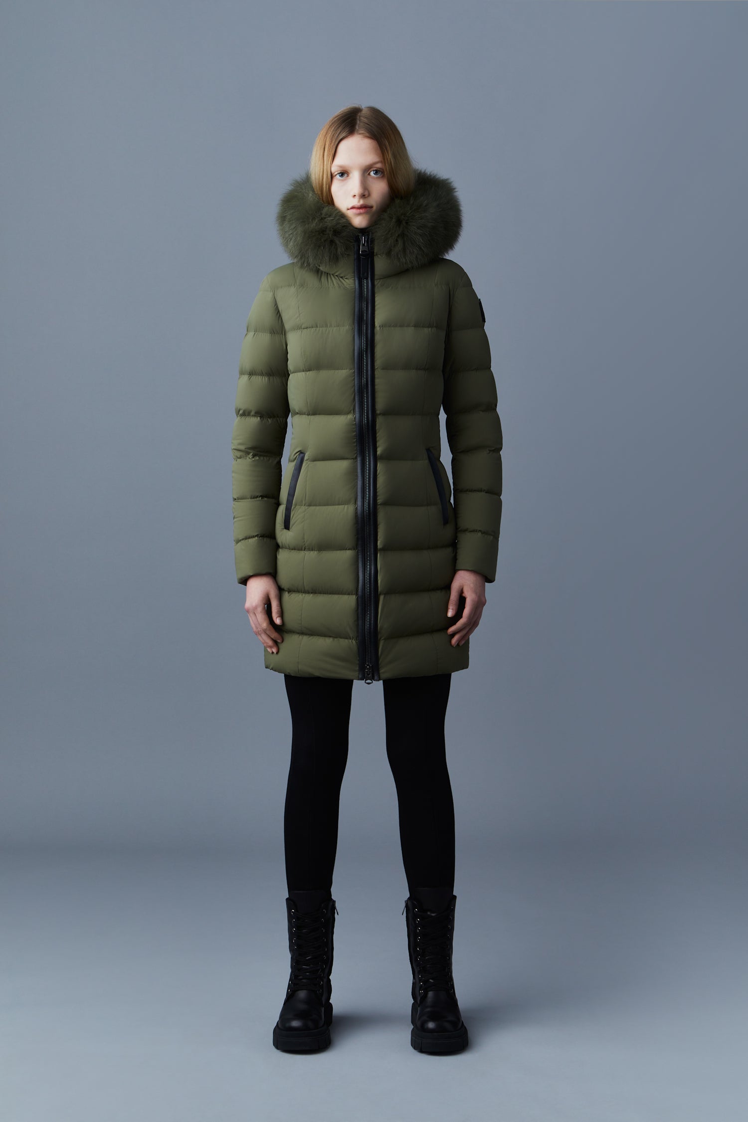 Calla, Agile-360 stretch light down coat with blue fox fur collar for ...