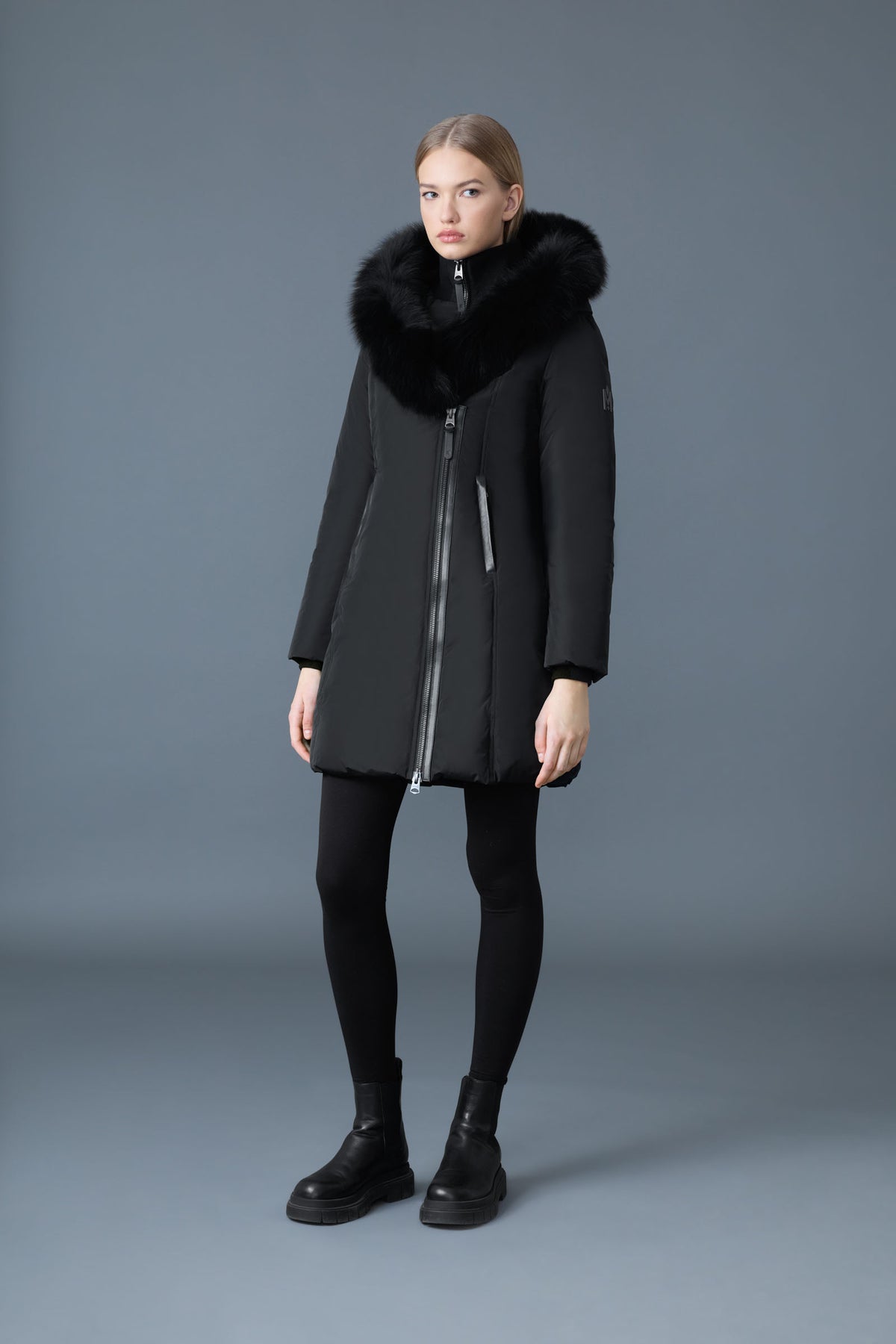 Kay, Down coat with blue fox fur Signature Mackage Collar for ladies ...