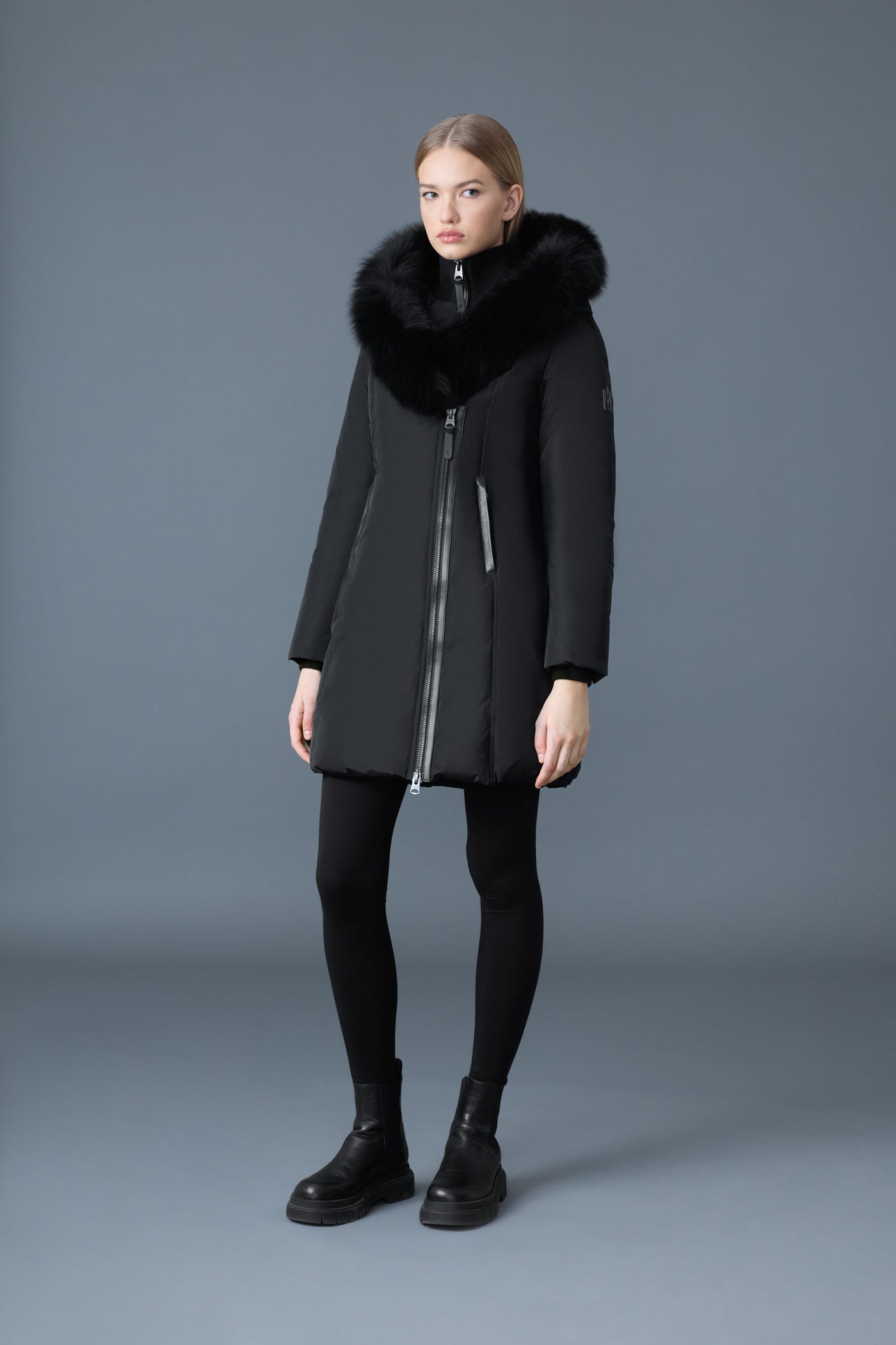 Kay, Down coat with blue fox fur Signature Mackage Collar for ladies ...