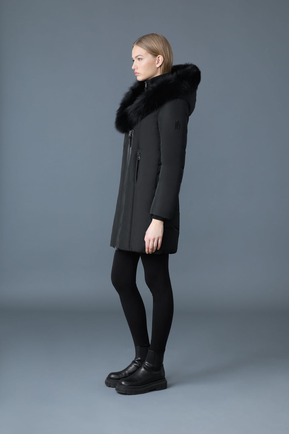 Kay, Down coat with blue fox fur Signature Mackage Collar for ladies ...