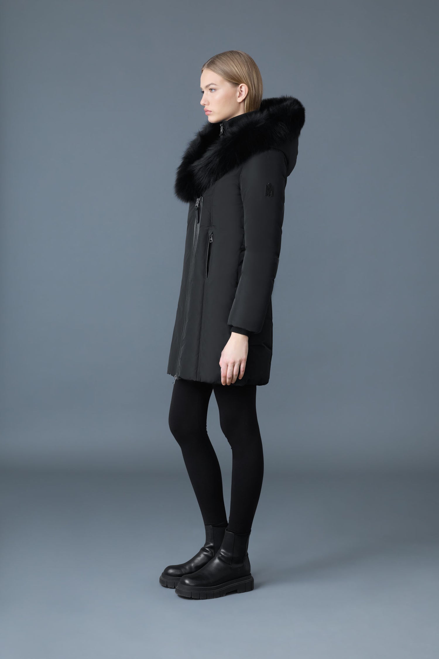 Kay, Down coat with blue fox fur Signature Mackage Collar for ladies ...