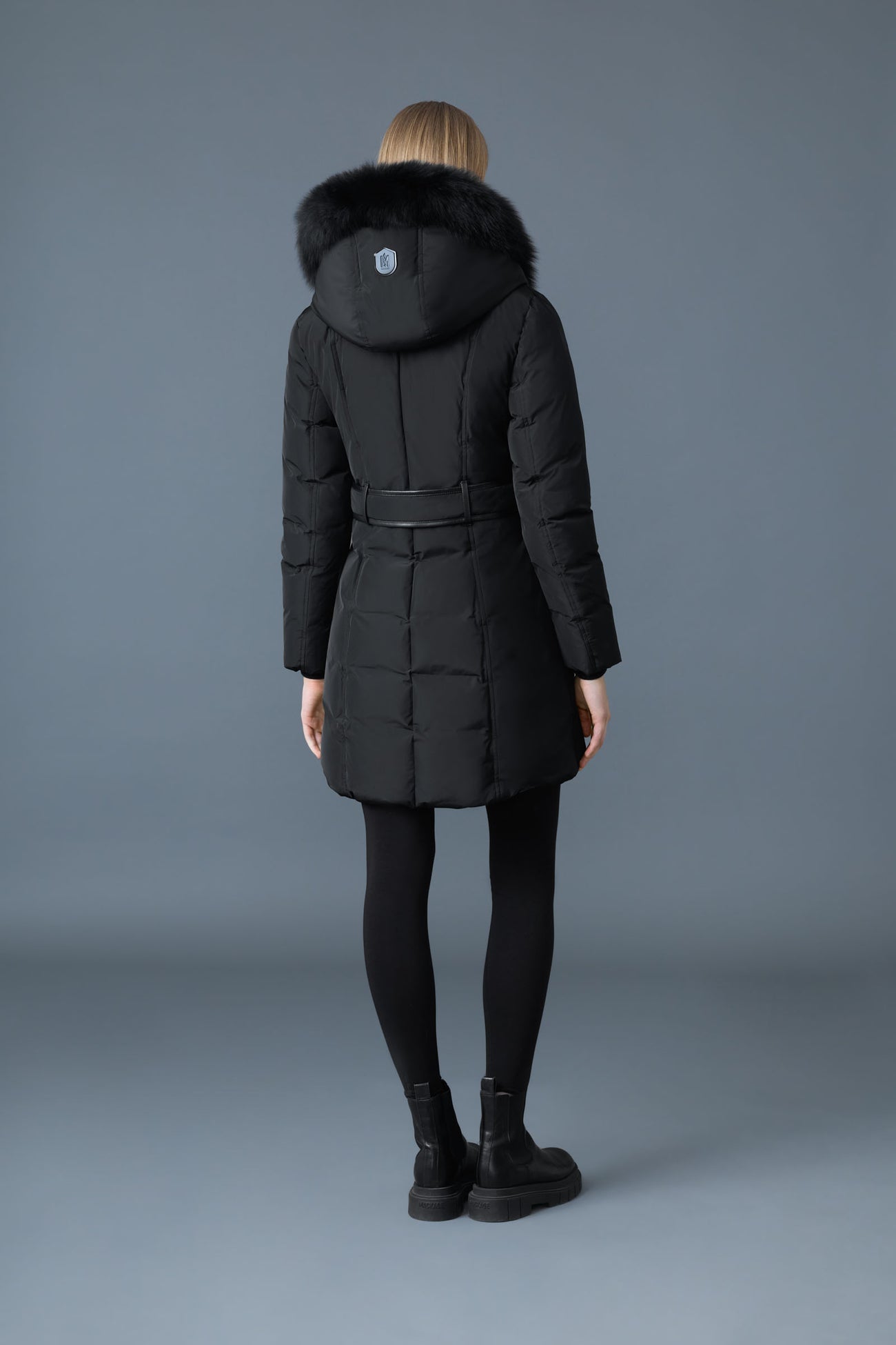 Kay, Down coat with blue fox fur Signature Mackage Collar for ladies ...