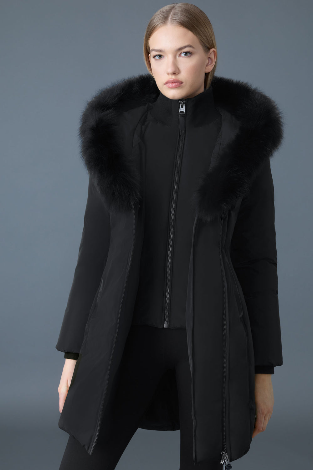 Kay, Down coat with blue fox fur Signature Mackage Collar for ladies ...