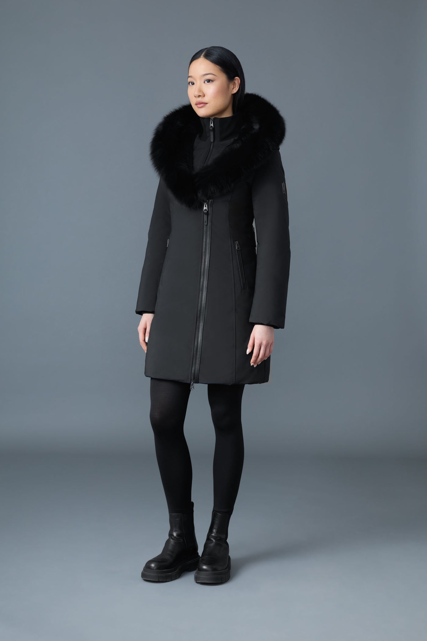 Trish, Powder Touch down coat with blue fox fur Signature Mackage ...