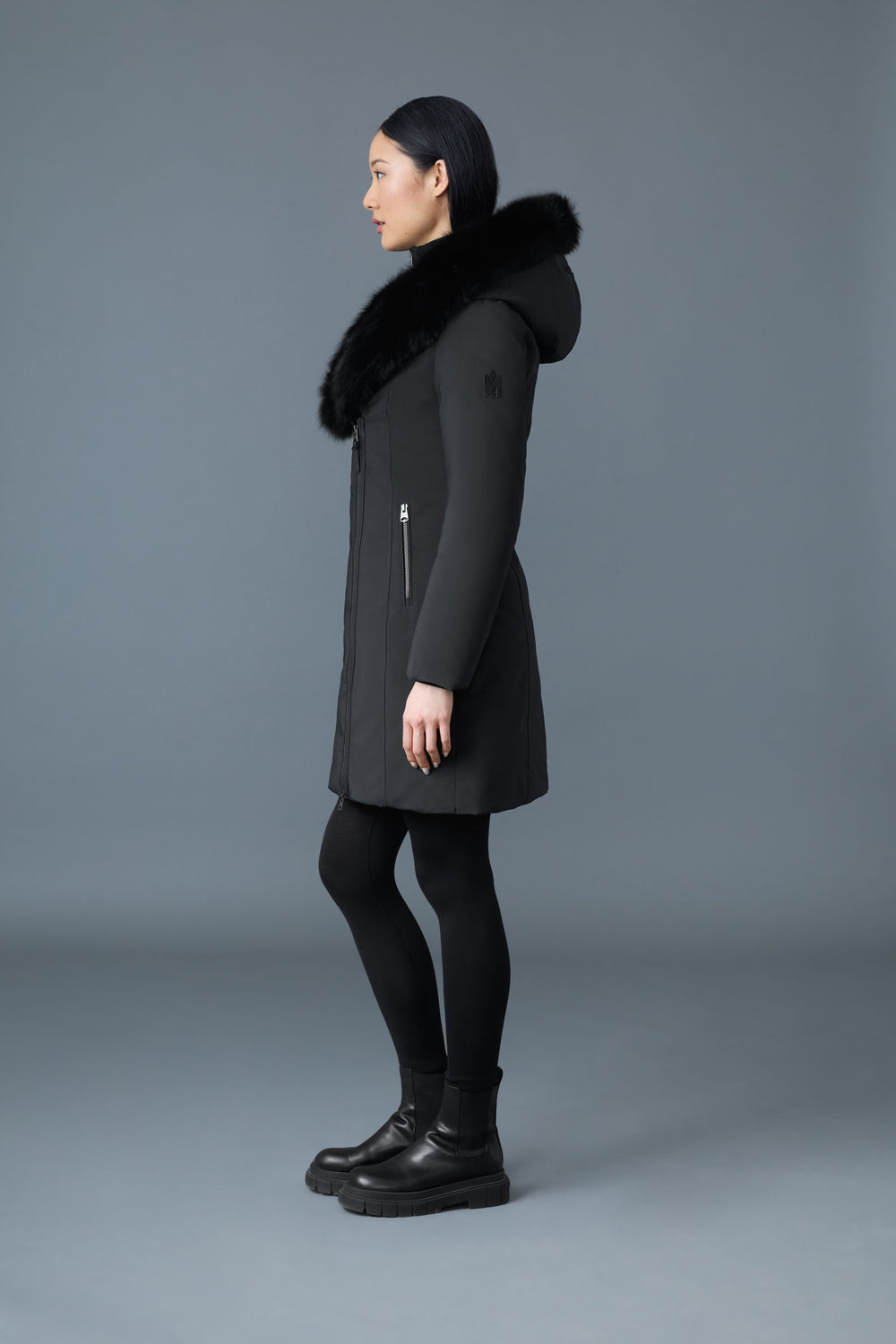 Trish-BX, Powder Touch down coat with blue fox fur Signature Mackage ...