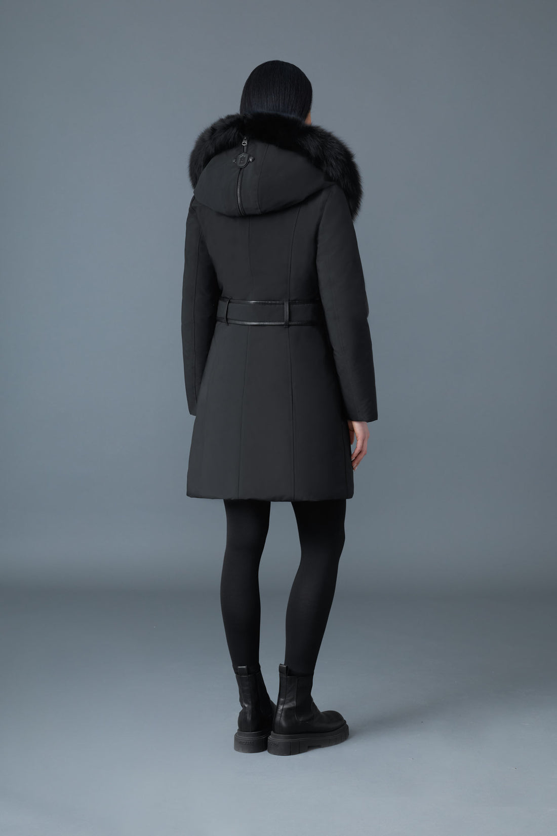 Trish, Powder Touch down coat with blue fox fur Signature Mackage ...