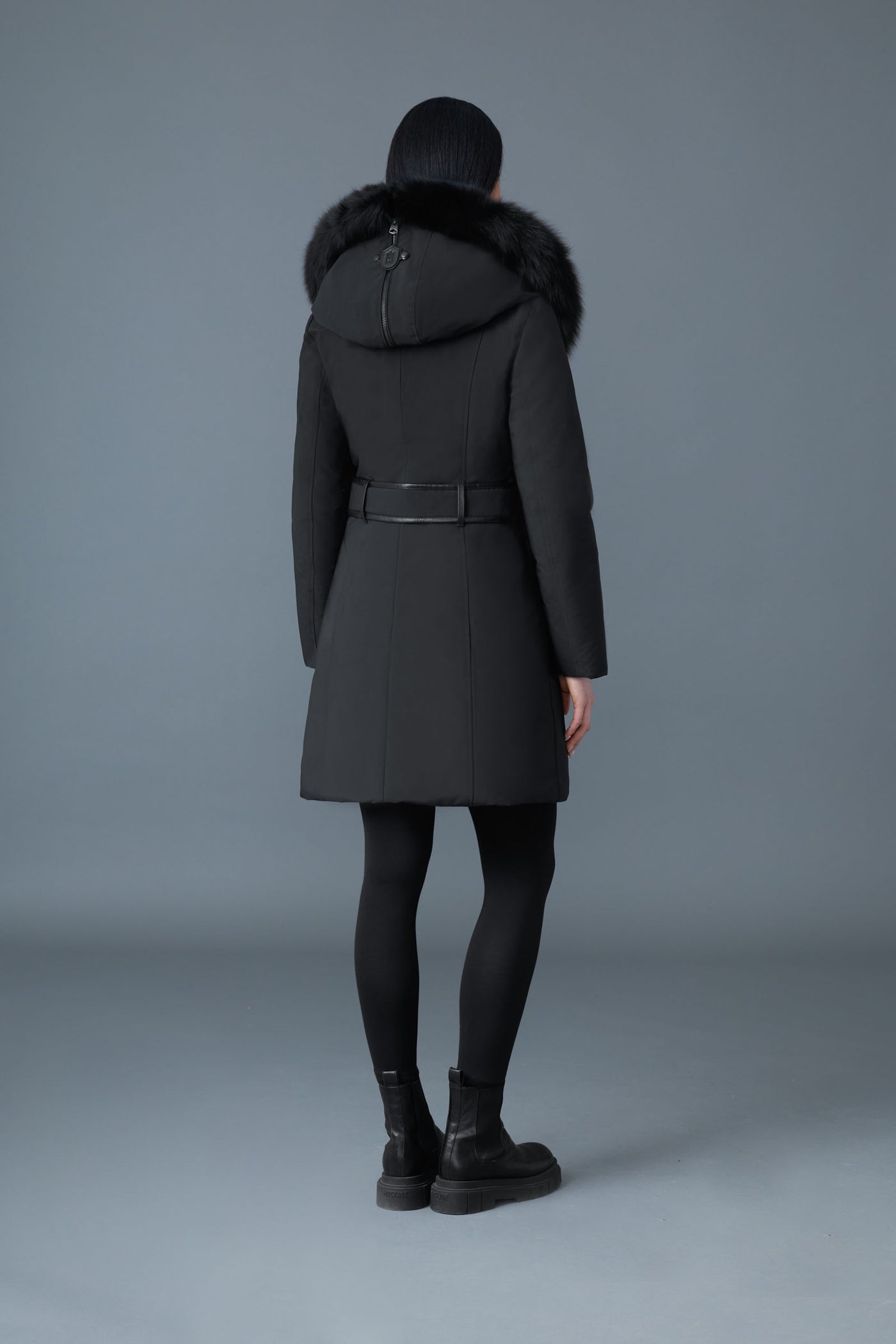 Trish, Powder Touch down coat with blue fox fur Signature Mackage ...