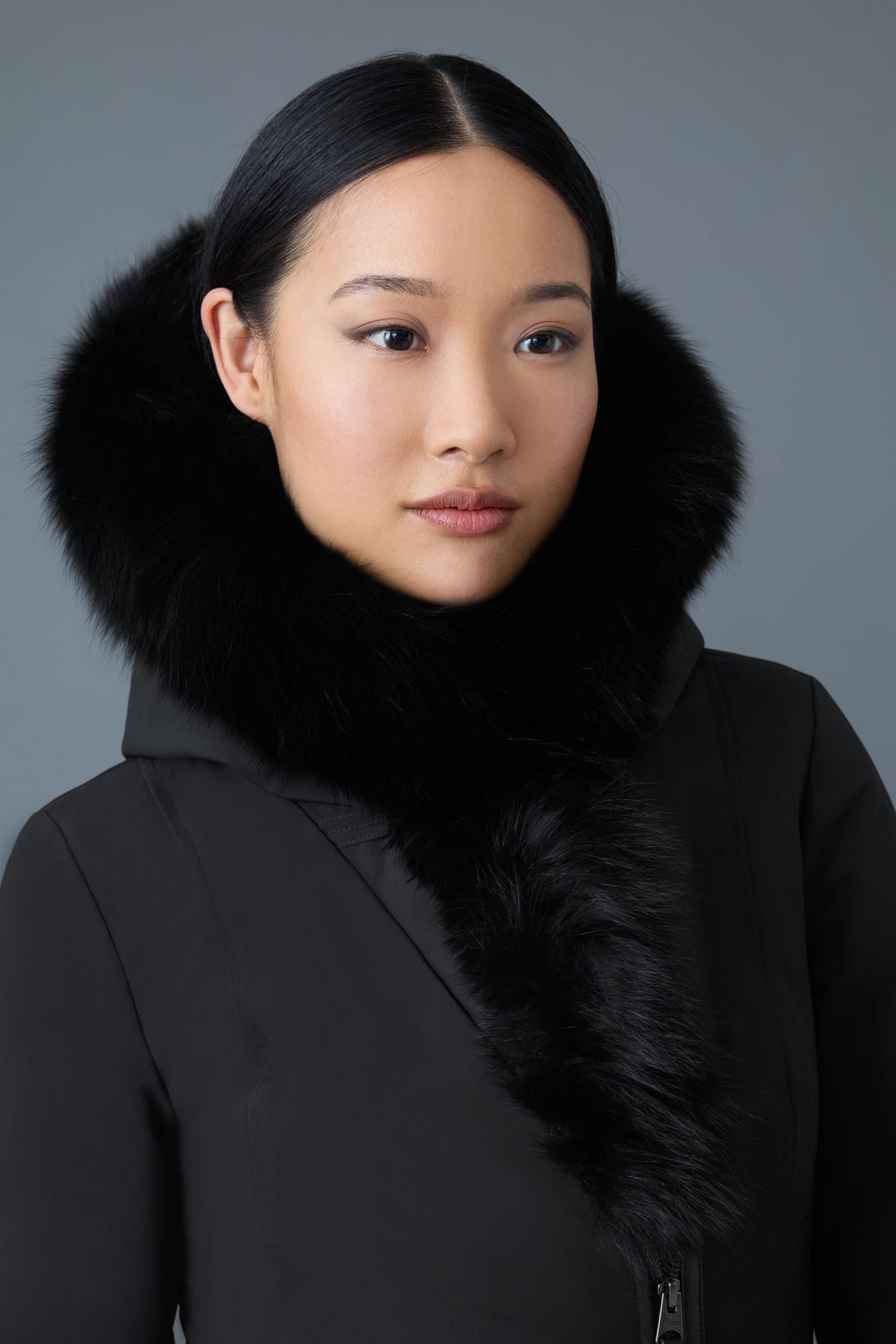 Trish, Powder Touch down coat with blue fox fur Signature Mackage ...