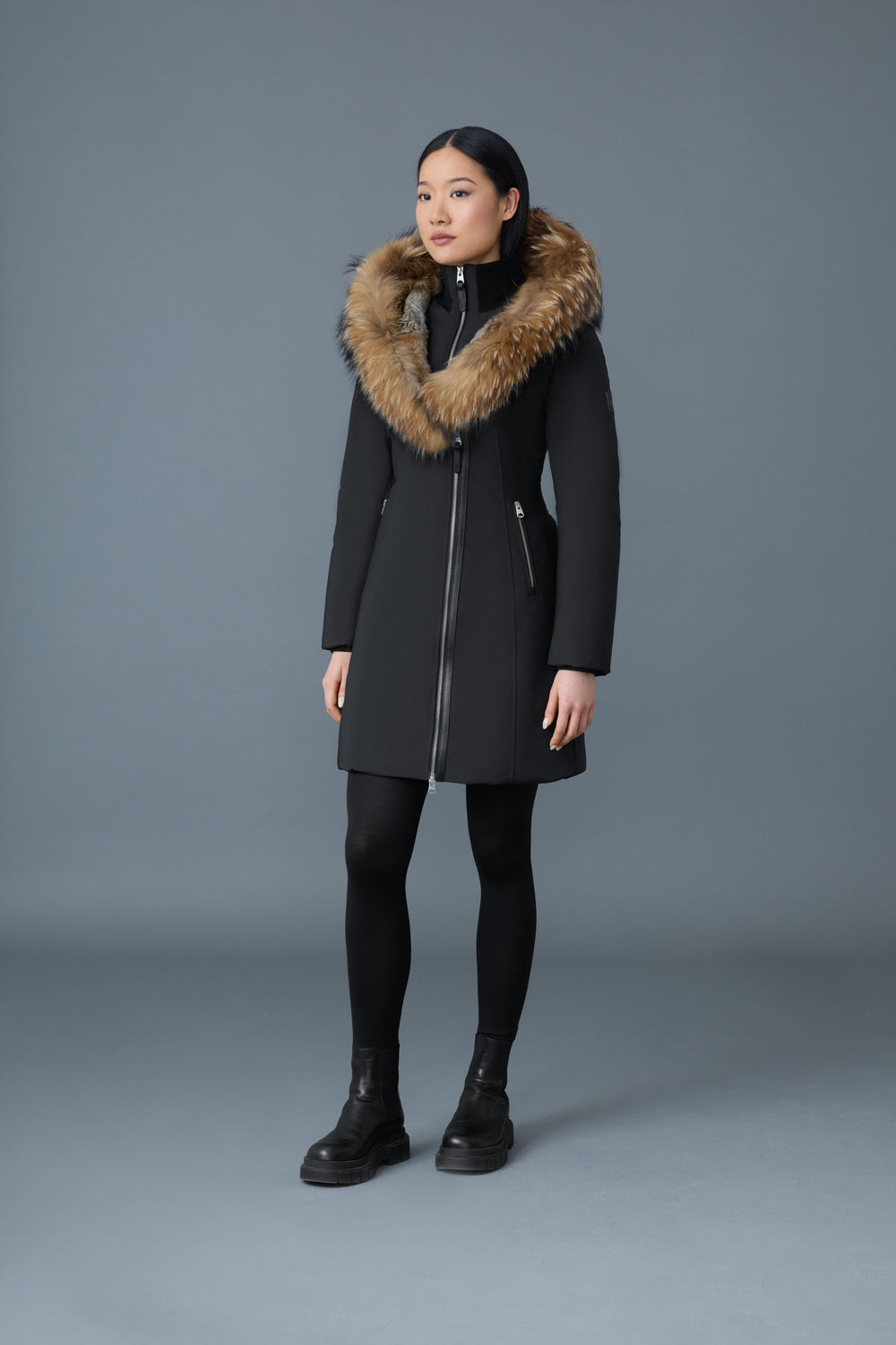 Trish, Powder Touch down coat with natural fur Signature Mackage Collar ...