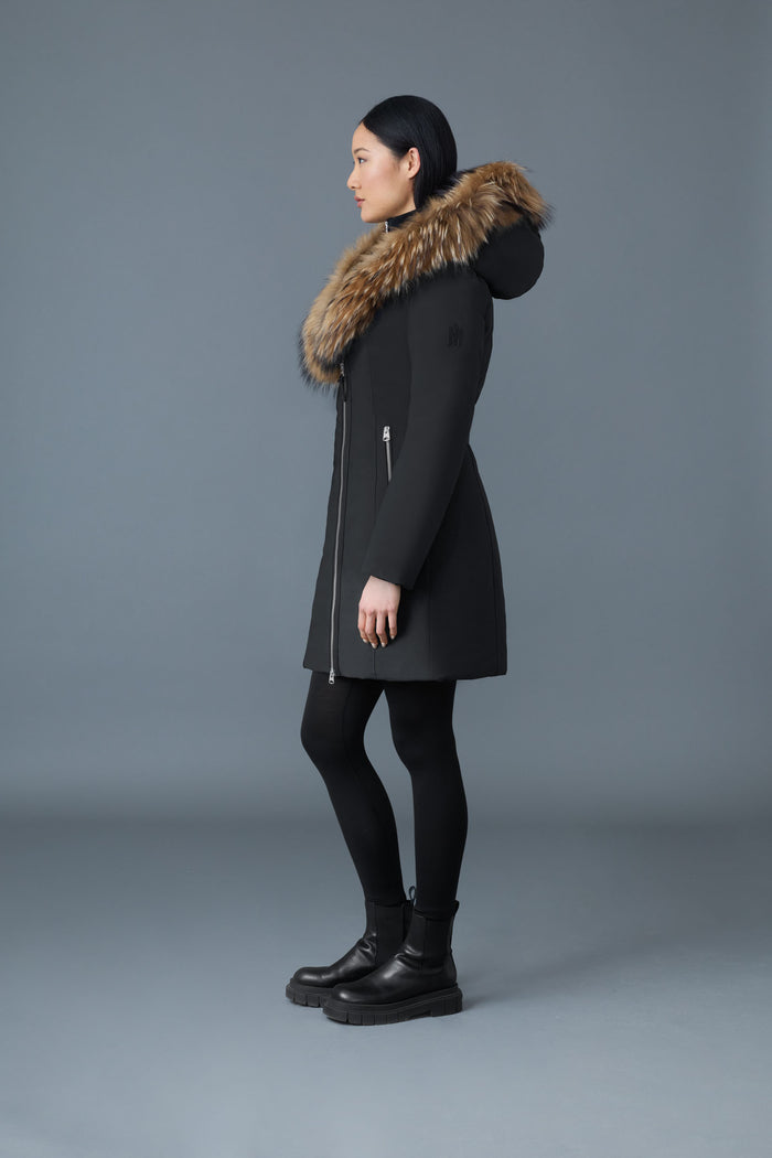 Trish-F, Powder Touch down coat with natural fur Signature Mackage ...