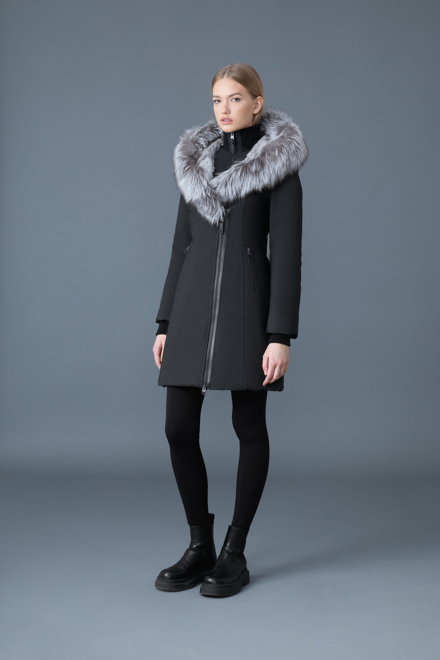 Trish, Powder Touch down coat with silver fox fur Signature Mackage ...
