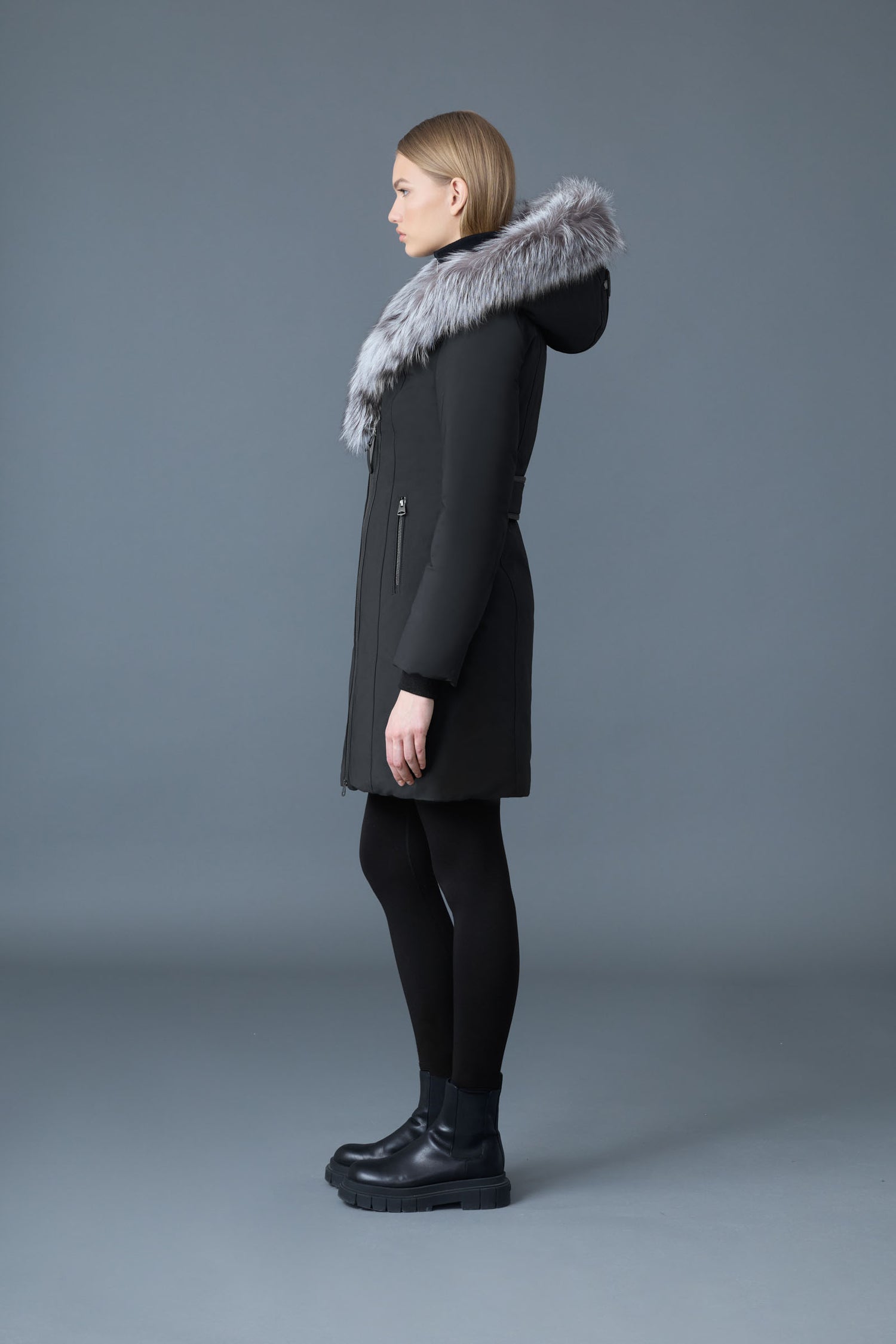 Trish, Powder Touch down coat with silver fox fur Signature Mackage ...